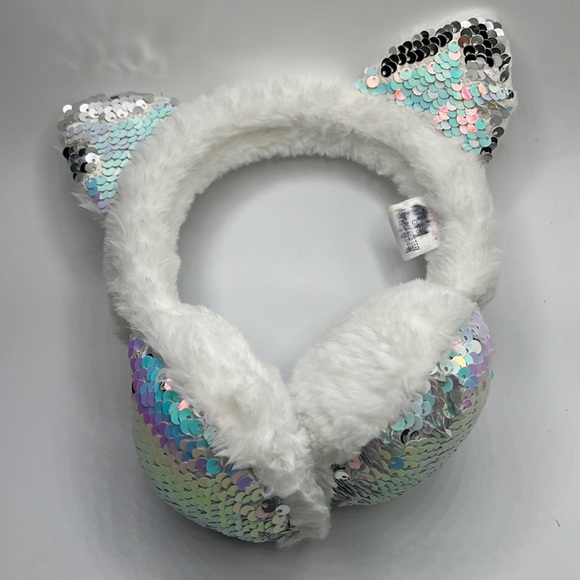 Accessories | Fuzzy Cat Ear Muffs Reversible Sequins Rainbow Mermaid Silver Plush Girls Youth ...
